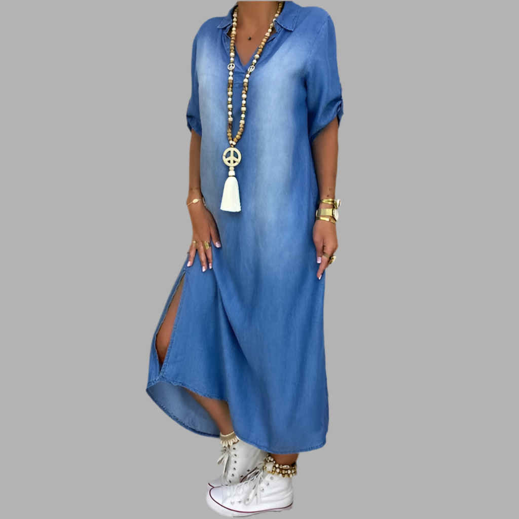 Lea™ | Long Denim Look Dress with Side Slit – LUNVRA